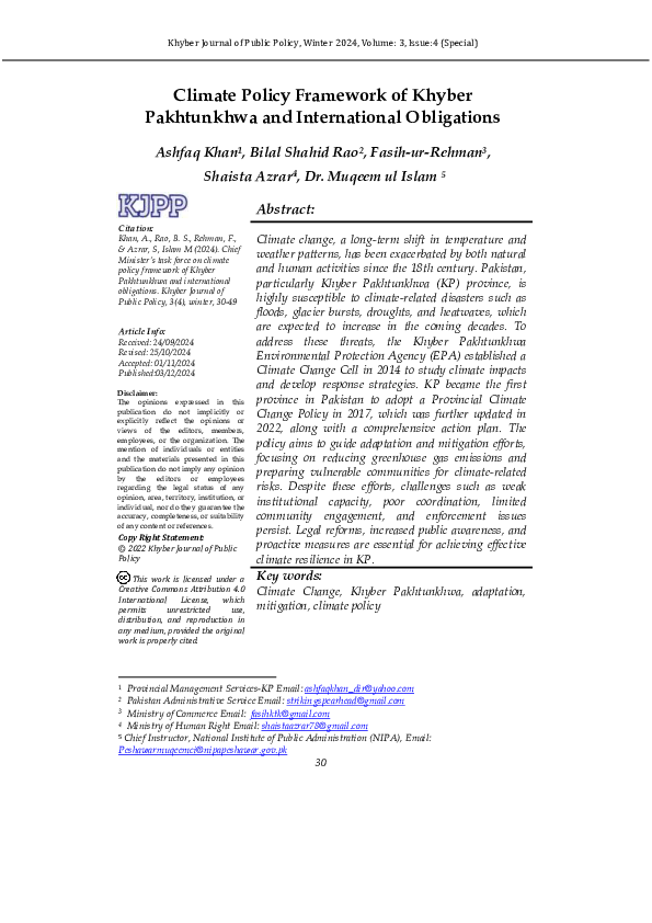 (PDF) Climate Policy Framework of Khyber Pakhtunkhwa and International ...