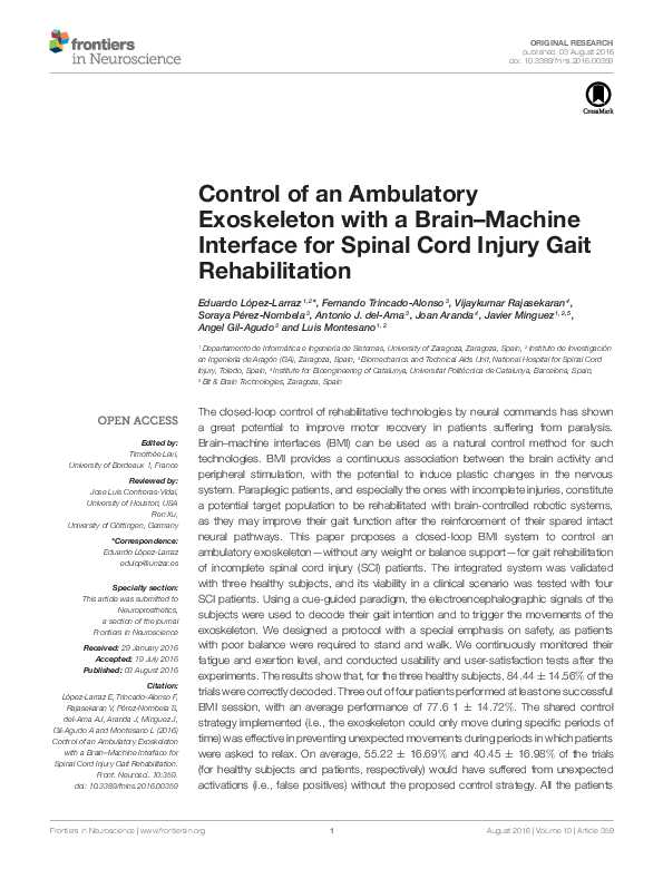 (PDF) Control of an Ambulatory Exoskeleton with a Brain–Machine Interface for Spinal Cord Injury ...