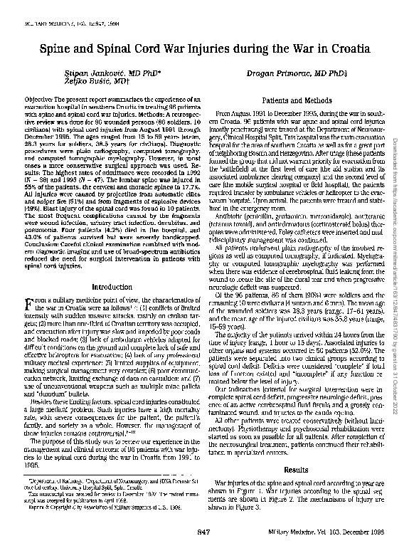 (PDF) Spine and Spinal Cord War Injuries during the War in Croatia