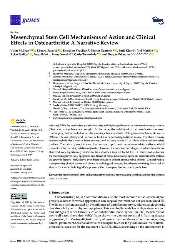 (PDF) Mesenchymal Stem Cell Mechanisms of Action and Clinical Effects in Osteoarthritis: A ...
