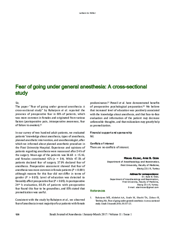 (PDF) Fear of going under general anesthesia: A cross-sectional study