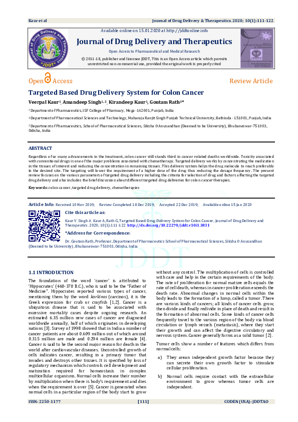 (PDF) Targeted Based Drug Delivery System for Colon Cancer