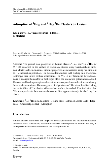 (PDF) Adsorption of 4He N and 4He N 3He Clusters on Cesium