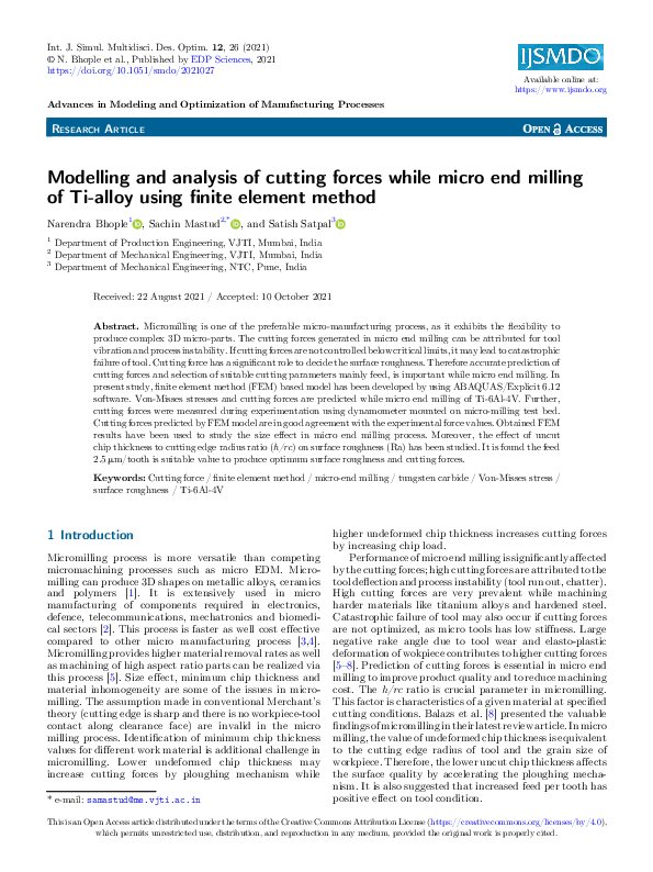 Pdf Modelling And Analysis Of Cutting Forces While Micro End Milling Of Ti Alloy Using Finite