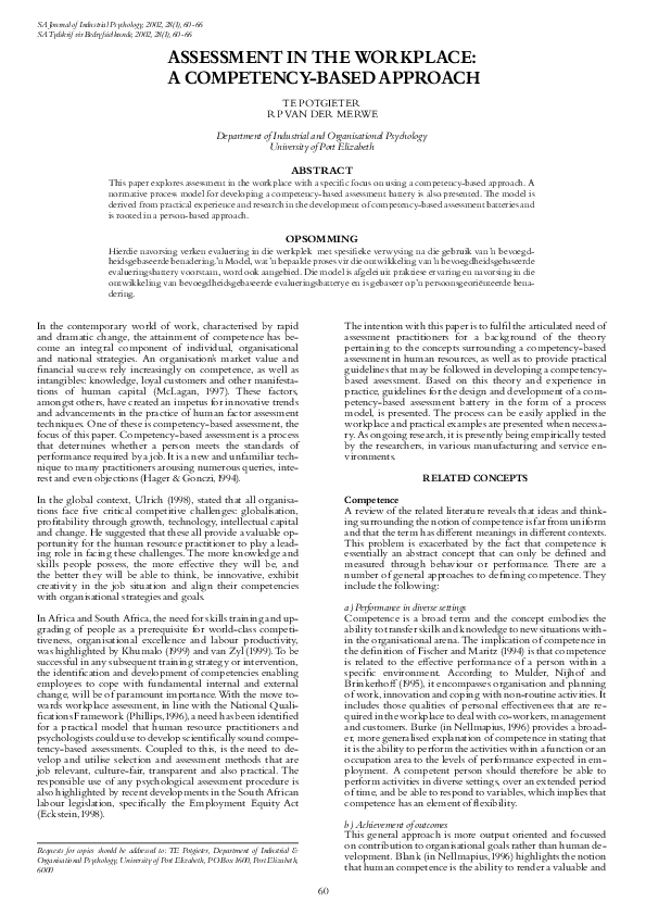 (PDF) Assessment In The Workplace: A Competency-Based Approach