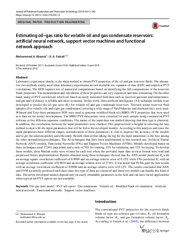 (PDF) Estimating oil–gas ratio for volatile oil and gas condensate reservoirs: artificial neural ...