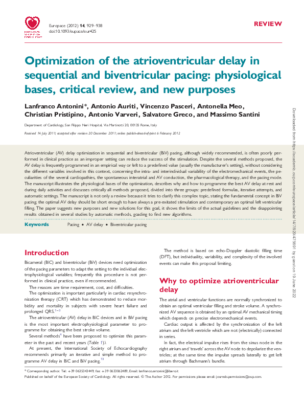 (PDF) Optimization of the atrioventricular delay in sequential and biventricular pacing ...