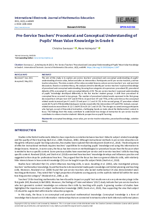 (PDF) Pre-Service Teachers’ Procedural and Conceptual Understanding of ...