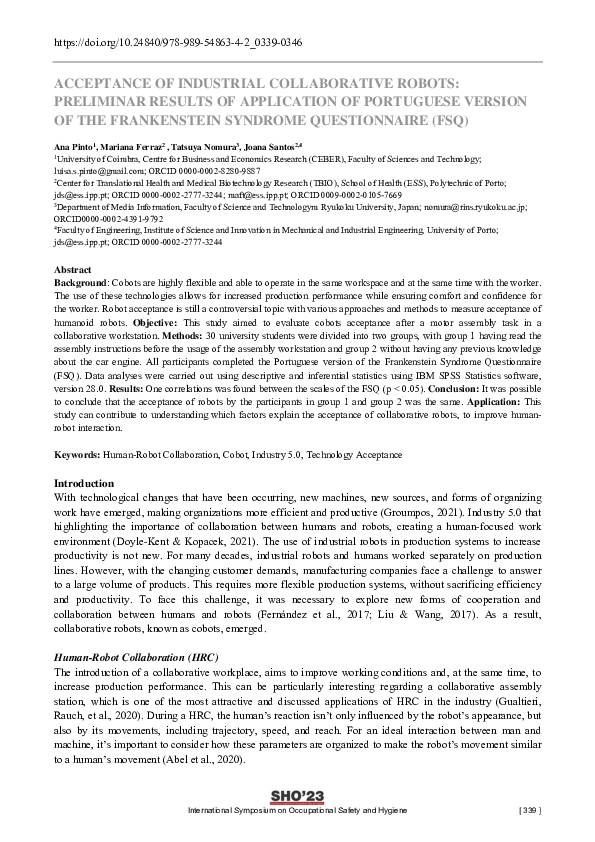 (PDF) Acceptance of Industrial Collaborative Robots: Preliminar Results of Application of ...