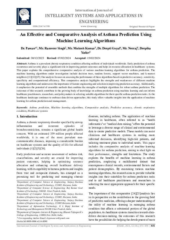 (PDF) An Effective and Comparative Analysis of Asthma Prediction Using Machine Learning Algorithms