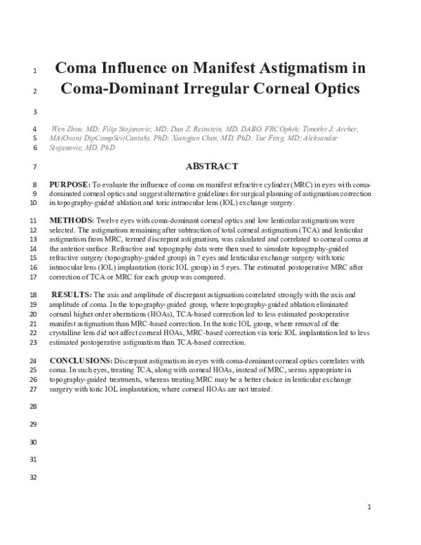 (PDF) Coma Influence on Manifest Astigmatism in Coma-Dominant Irregular ...
