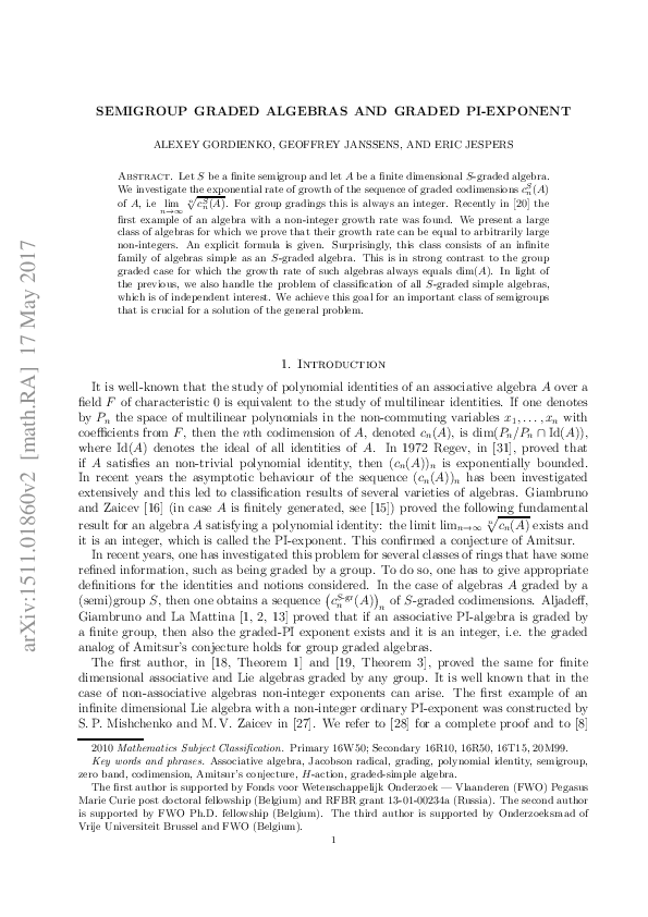 (PDF) Semigroup graded algebras and graded PI-exponent