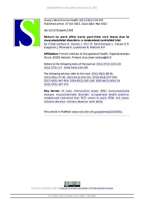 (PDF) Return to work after early part-time sick leave due to musculoskeletal disorders: a ...