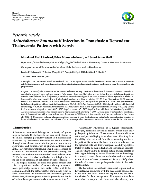 (PDF) Acinetobacter baumannii Infection in Transfusion Dependent ...