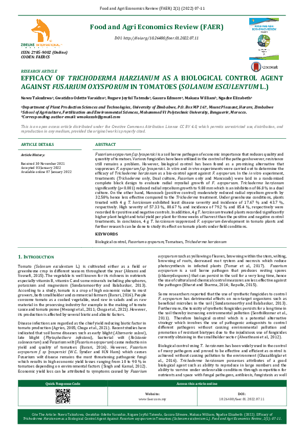 (PDF) Efficacy of Trichoderma Harzianum as a Biological Control Agent Against Fusarium Oxysporum ...
