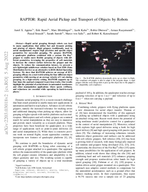 (PDF) RAPTOR: Rapid Aerial Pickup and Transport of Objects by Robots
