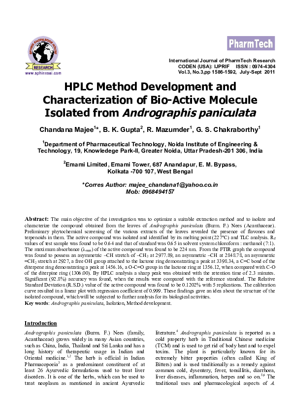 Pdf Hplc Method Development And Characterization Of Bio Active Molecule Isolated From