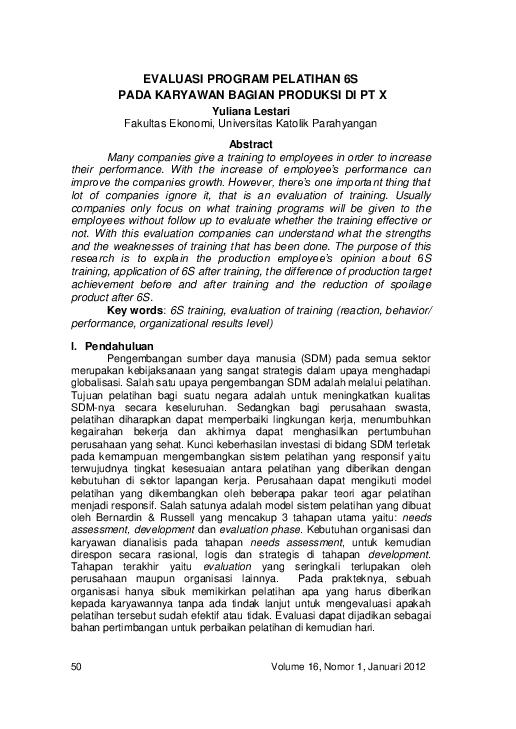 (PDF) Evaluasi Program Pelatihan 6s pada Karyawan Bagian Produksi di PT X
