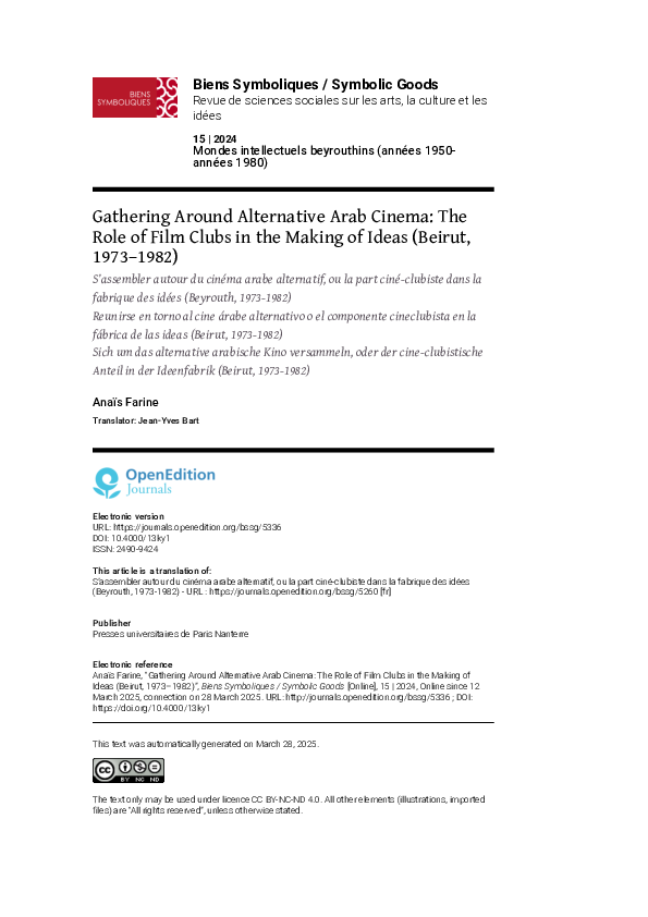 (PDF) « Gathering Around Alternative Arab Cinema: The Role of Film ...