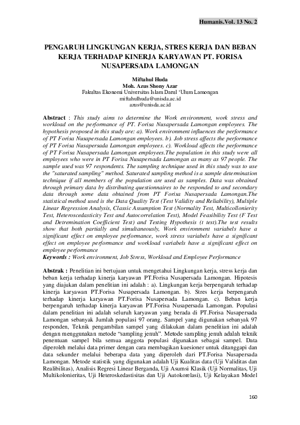 (PDF) Pengaruh Lingkungan Kerja, Stres Kerja Dan Beban Kerja Terhadap Kinerja Karyawan Pt ...