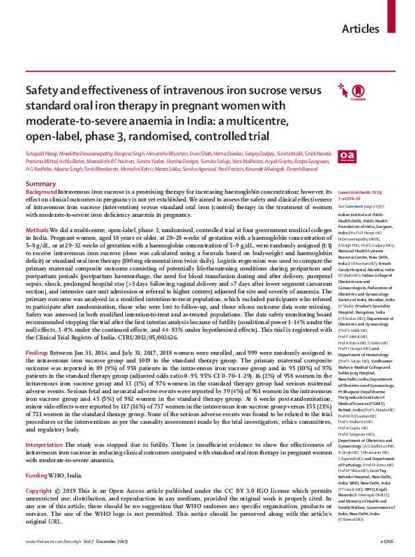 (PDF) Safety and effectiveness of intravenous iron sucrose versus ...