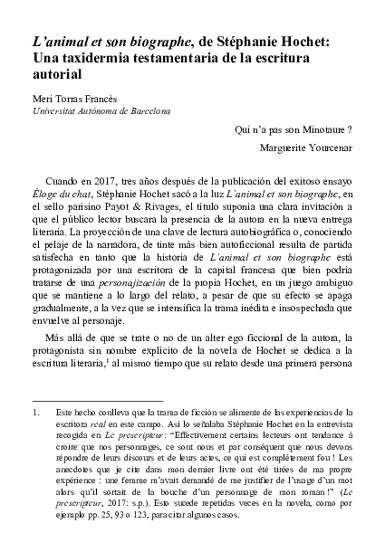 (PDF) L’animal et son biographe, de Stéphanie Hochet: Una taxidermia ...