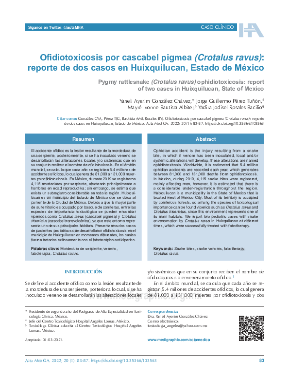(PDF) Ofidiotoxicosis por cascabel pigmea (Crotalus ravus): reporte de ...