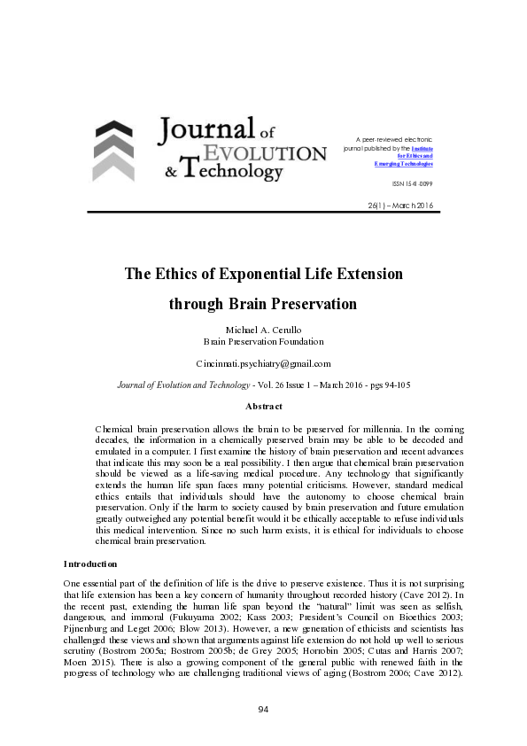 (PDF) The Ethics of Exponential Life Extension through Brain Preservation