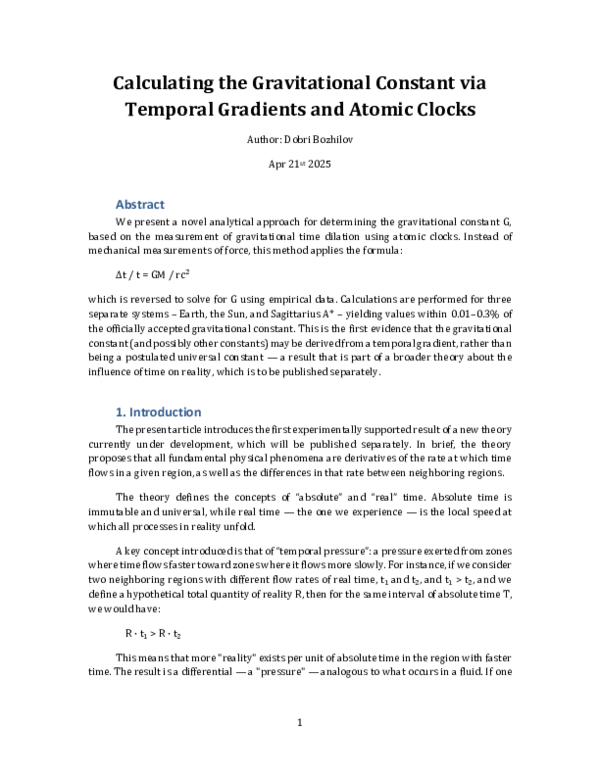 (PDF) Calculating the Gravitational Constant via Temporal Gradients and Atomic Clocks