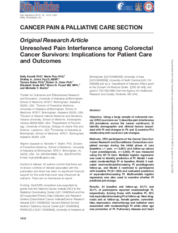 (PDF) Unresolved Pain Interference among Colorectal Cancer Survivors ...