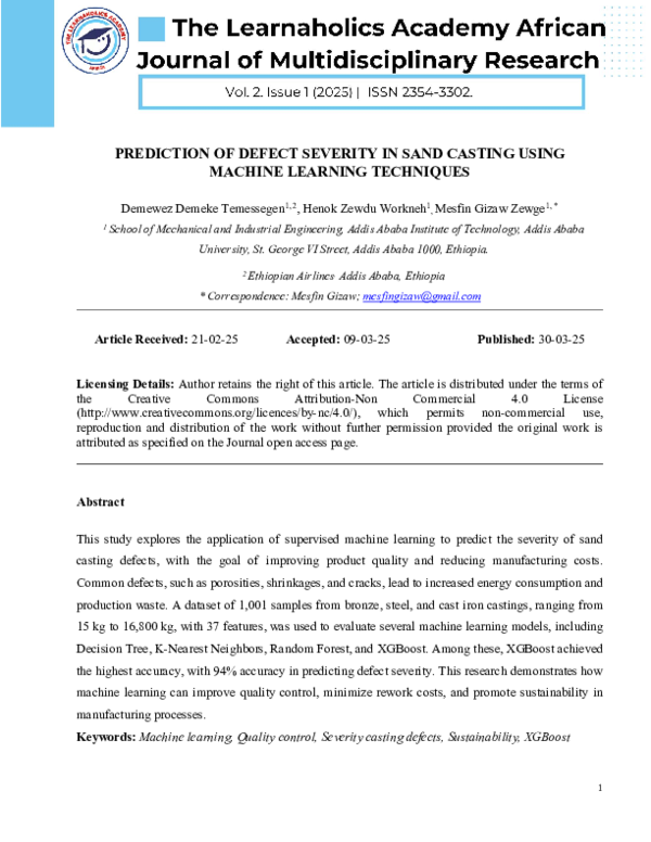 (PDF) PREDICTION OF DEFECT SEVERITY IN SAND CASTING USING MACHINE LEARNING TECHNIQUES