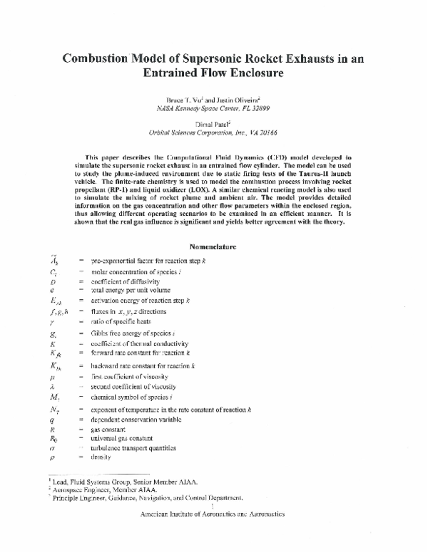 (PDF) Combustion Model of Supersonic Rocket Exhausts in an Entrained ...