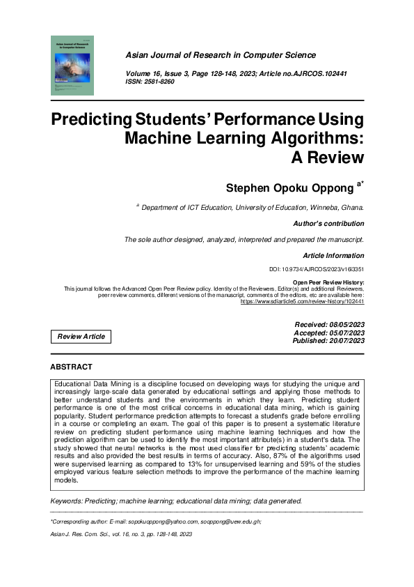 (PDF) Predicting Students’ Performance Using Machine Learning Algorithms: A Review