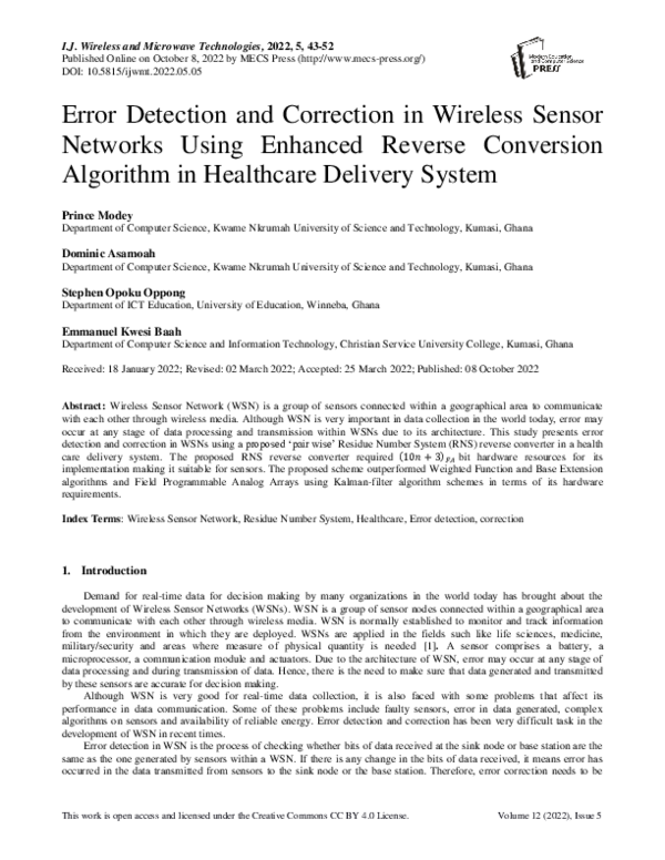 (PDF) Error Detection and Correction in Wireless Sensor Networks Using ...