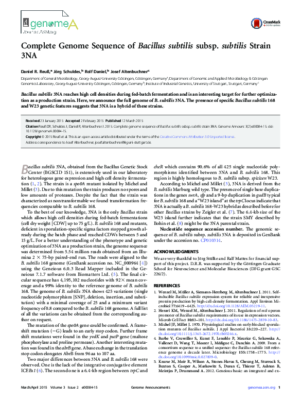 (PDF) Complete Genome Sequence of Bacillus subtilis subsp. subtilis ...