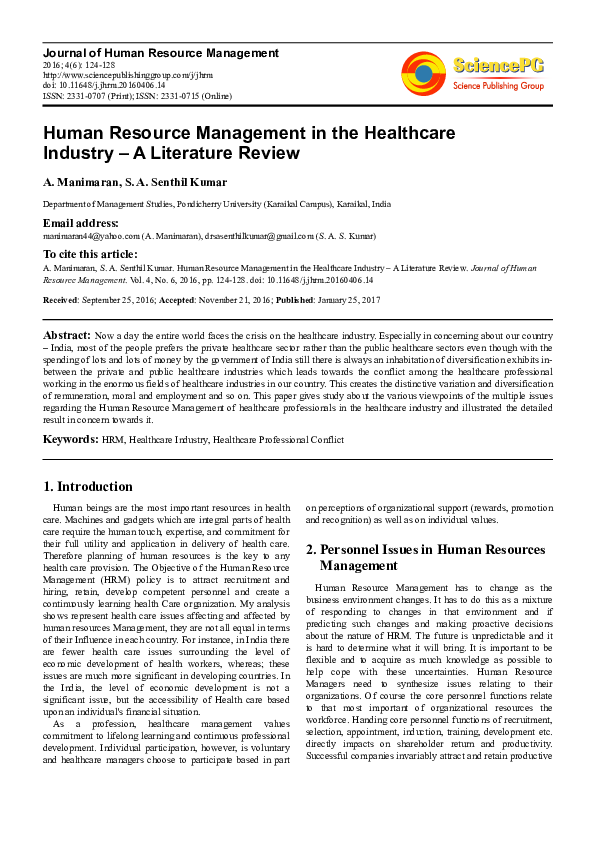 (PDF) Human Resource Management in the Healthcare Industry – A ...