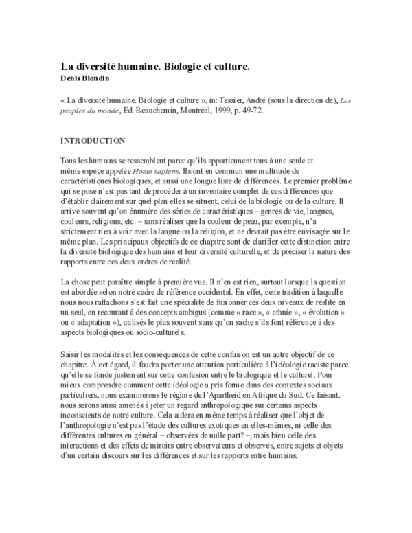 (PDF) La diversité humaine. Biologie et culture