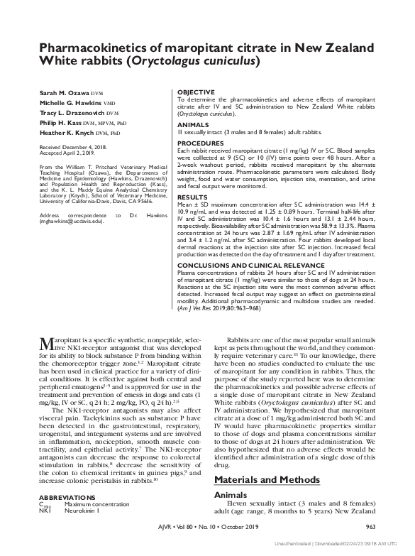 (PDF) Pharmacokinetics of maropitant citrate in New Zealand White ...