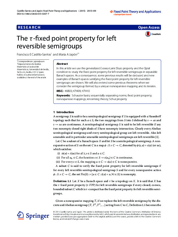 (PDF) The τ-fixed point property for left reversible semigroups