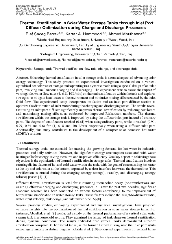 (PDF) Thermal Stratification in Solar Water Storage Tanks through Inlet ...