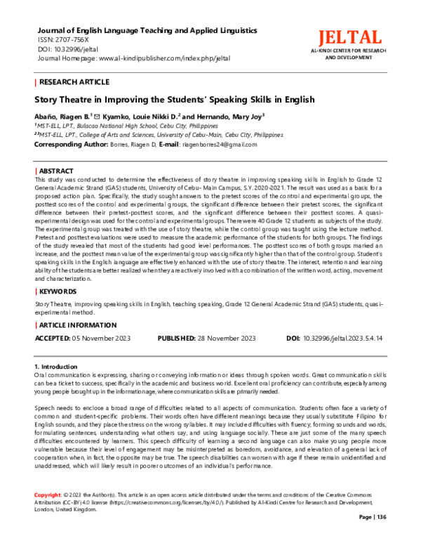 (PDF) Story Theatre in Improving the Students’ Speaking Skills in English