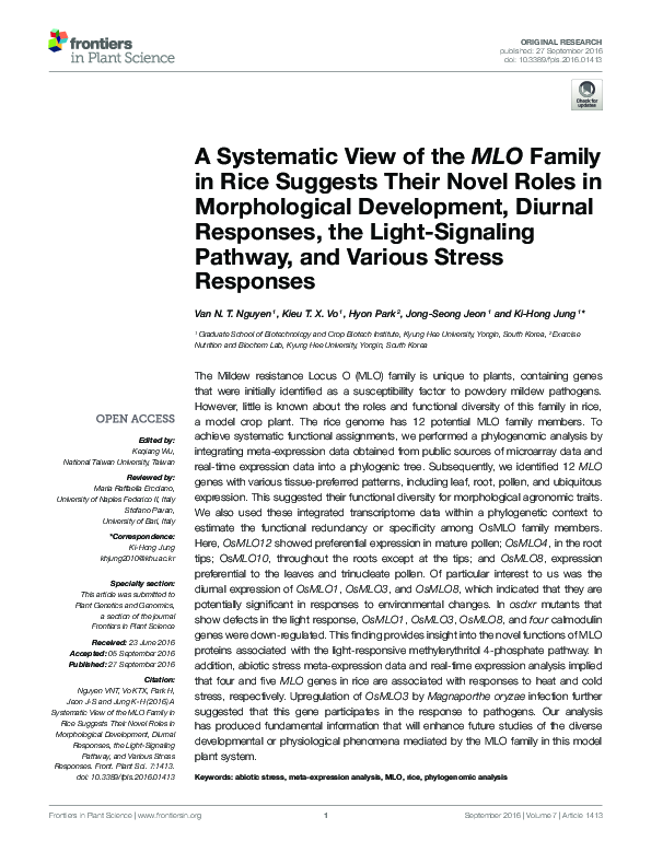 (PDF) A Systematic View of the MLO Family in Rice Suggests Their Novel ...