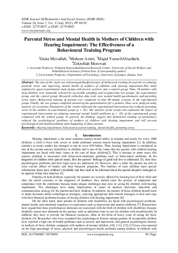 (PDF) Parental Stress and Mental Health in Mothers of Children with Hearing Impairment: The ...