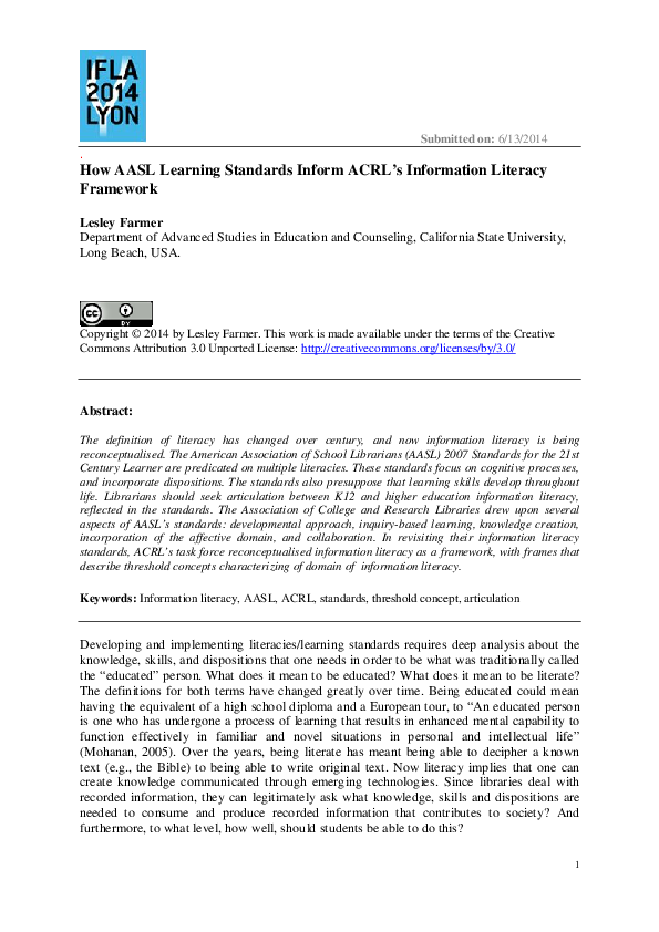 (PDF) How AASL Learning Standards Inform ACRL's Information Literacy Framework