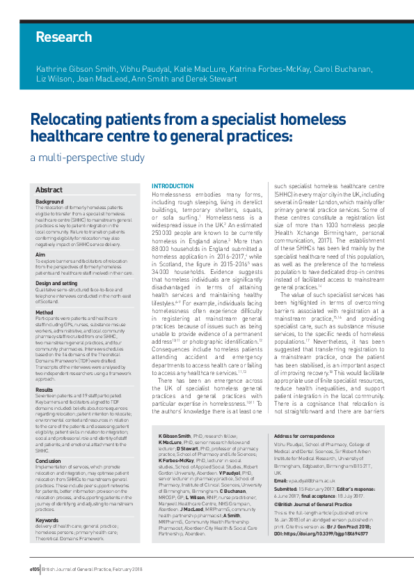 (PDF) Relocating patients from a specialist homeless healthcare centre ...