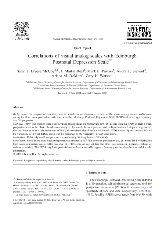 (PDF) Correlations of visual analog scales with Edinburgh Postnatal ...