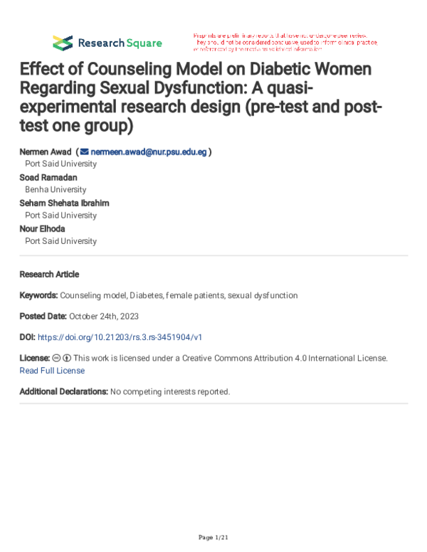 (PDF) Effect of Counseling Model on Diabetic Women Regarding Sexual ...