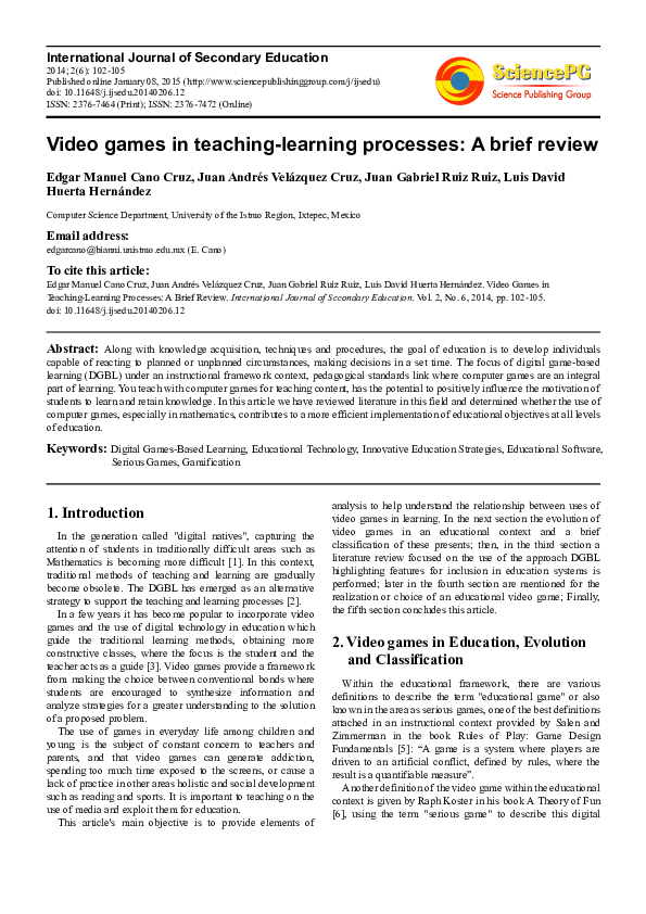 (PDF) Video Games in Teaching-Learning Processes: A Brief Review