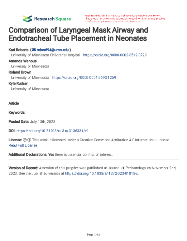 (PDF) Comparison of Laryngeal Mask Airway and Endotracheal Tube ...