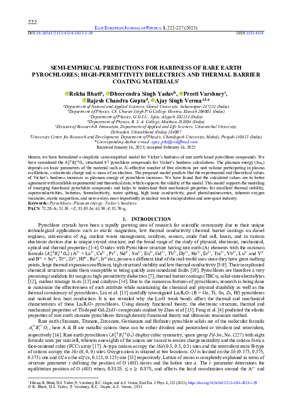 (PDF) Semi-Empirical Predictions for Hardness of Rare Earth Pyrochlores ...